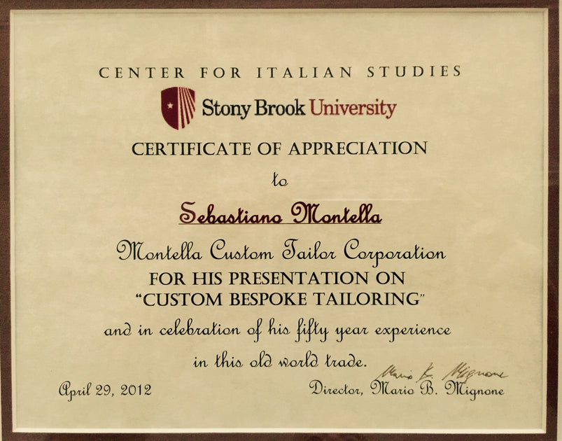 Custom Bespoke Tailoring: Certificate of Appreciation – Montella Custom ...
